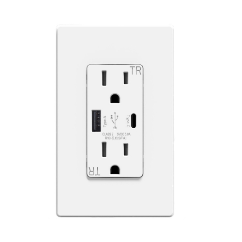 Aida 15A Duplex Receptacle w/ 6.0A Dual Type A+C USB, TR, 125V, White ...