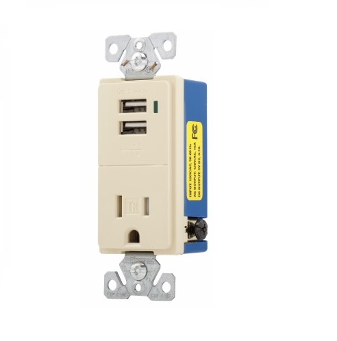 Eaton Wiring 15 Amp USB Charger w/ Receptacle, Tamper Resistant, Ivory ...