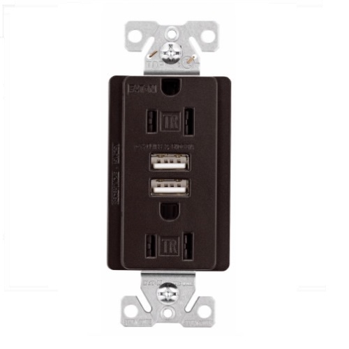 Eaton Wiring 15 Amp Dual USB Charger w/ Duplex Receptacle, Tamper ...