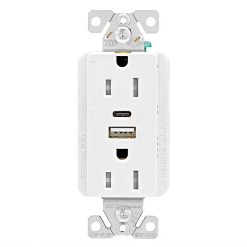 Eaton Wiring Duplex Outlet w/ USB A/C Ports, 2-Pole, 125V, 15 Amp, 12 ...
