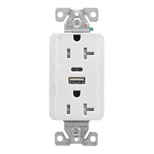Eaton Wiring Duplex Outlet w/ USB A/C Ports, 2-Pole, 125V, 20 Amp, 12 ...